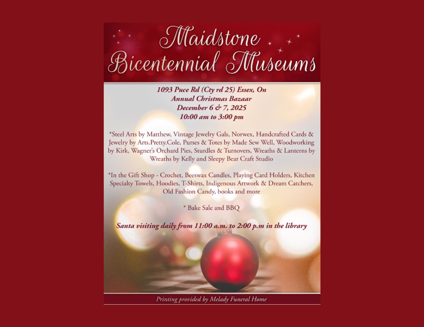 Maidstone Bicentennial Museums – Annual Christmas Bazaar – December 6&7 - Kingsville Times